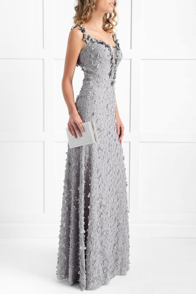 Kylie Lilac-Grey Floral Lace Floor-Length Evening Gown – Karim london